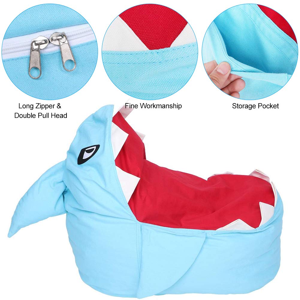 Kids Bean Bag Chair,Adorable Shark Large Capacity Stuffable Zipper Plush Toy Organizer Children Toy Seat Stuffed Storage Bag for Pillows Towels Clothes (Blue)