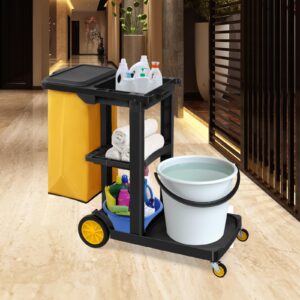 TUFFIOM Commercial Traditional Cleaning 3-Shelf Janitorial Cart, 500 Lbs Capacity Housekeeping Cart, Wheeled with Yellow VinylBag and Cover w Lid, Black