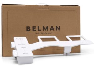 belman classic bidet toilet attachment - modern & slim - fresh clean water sprayer - self cleaning dual wash nozzles - adjustable water pressure - non-electric quick installation - white