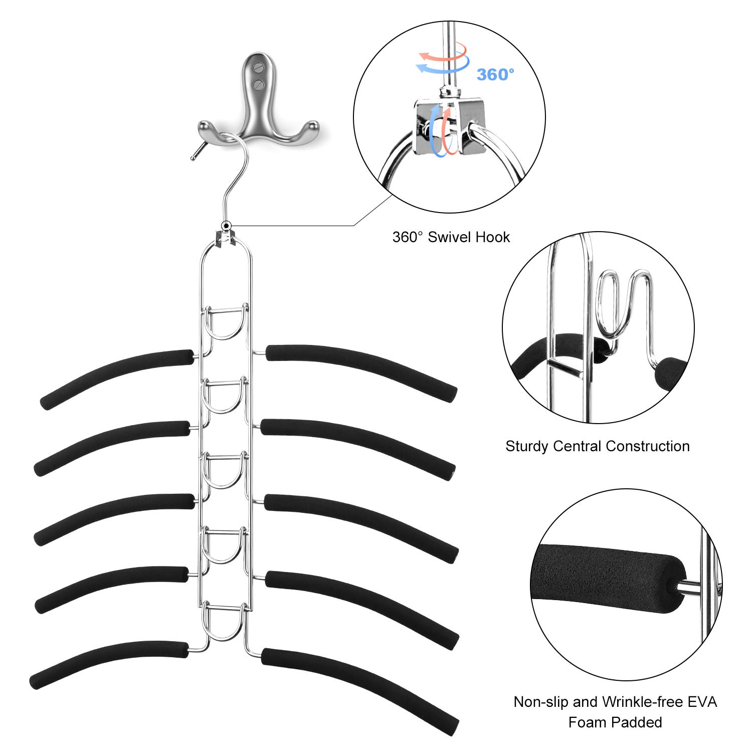 Mastom Space Saving Clothes Hangers, Multilayer Metal Hanger 2 Pack 5 in 1 Space Saver Coat Hangers, Anti-Slip Foam Padded Shirt Suit Hanger for Closet Storage Organizer