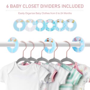 Cozymood Velvet Baby Hangers for Closet 50 Pack with 6 Pcs Size Dividers, Non-Slip Baby Clothes Hangers 11 Inch, Ultra-Thin Small Hangers for Kids Clothes, Space Saving Velvet Toddler Hangers, Grey