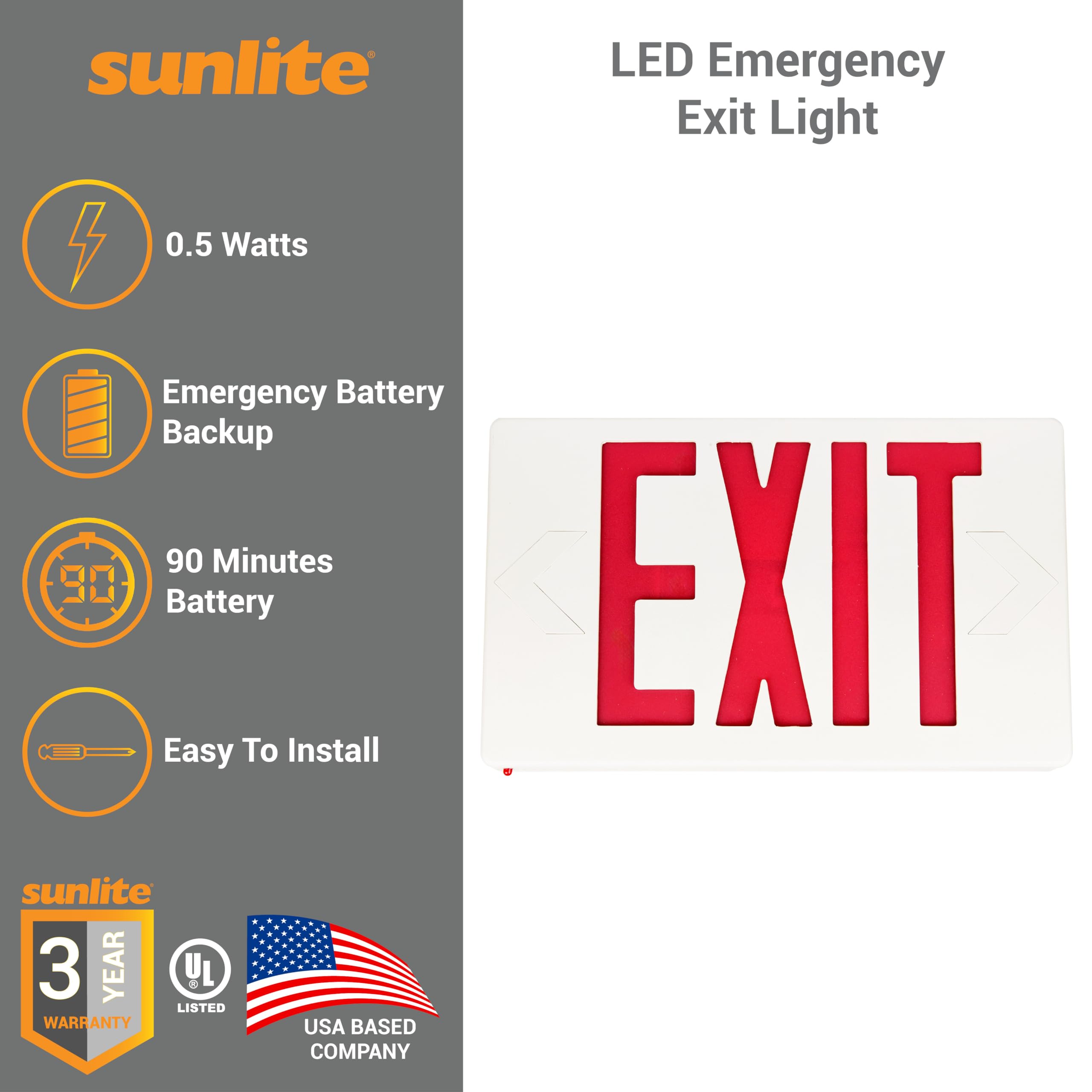 Sunlite 05271-SU Compact LED Exit Sign, 0.25 Watts, 120-277 Volt, 90-Minute Battery Backup, Wall Mount, IP20, UL Listed, White