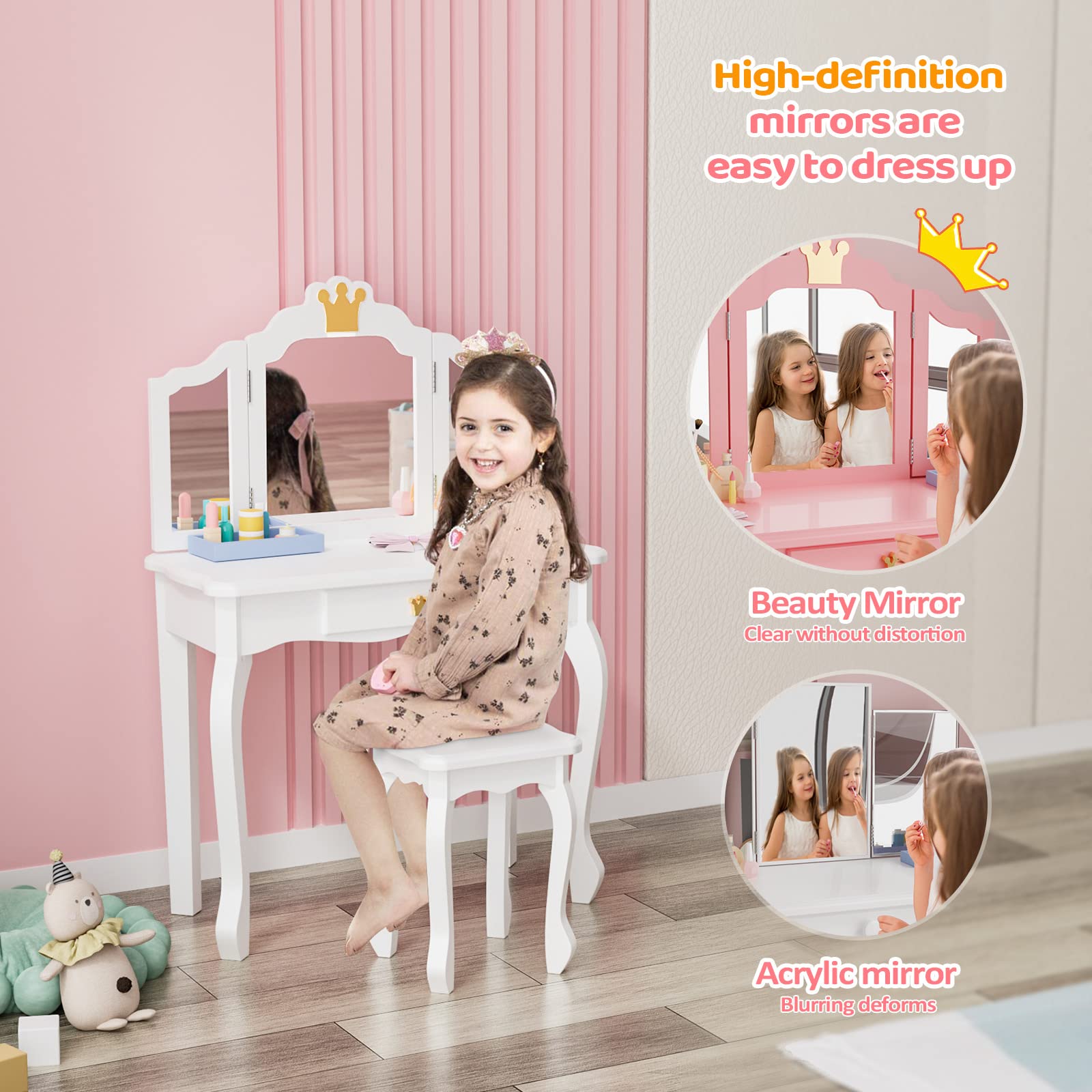 JOYMOR Kids Princess Vanity Table and Chair Set, Kids Vanity Set with Drawer & Tri-Folding Mirror, 2 in 1 Makeup Dressing Table with Detachable Top, Pretend Beauty Play Vanity Set for Girls