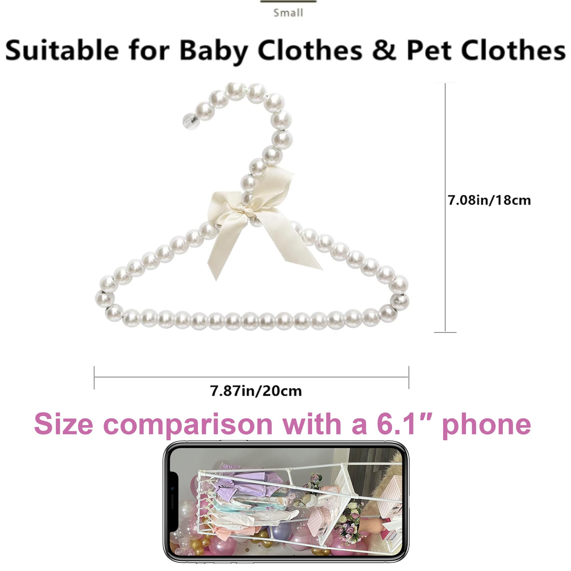 awagas 6Pack Baby Pet Dog Clothes Hangers, Mini Cute Pearl Hangers, Pearl Baby Hangers Faux Pearl Beaded Elegant Garment Clothes Hangers with Ribbon Bowknot for Pet Dog Cat Small Baby Kids Bebes Dolls