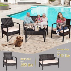 DORTALA 4 Piece Wicker Patio Furniture Set, Outdoor PE Rattan Conversation Set with Loveseat, Chairs & Coffee Table for Backyard Porch Garden Poolside Balcony