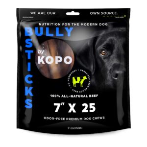 kopo bully sticks 7-inch (25 pack) - odor free natural dog treats - 100% beef, fully digestible, long lasting, no hide dog chews