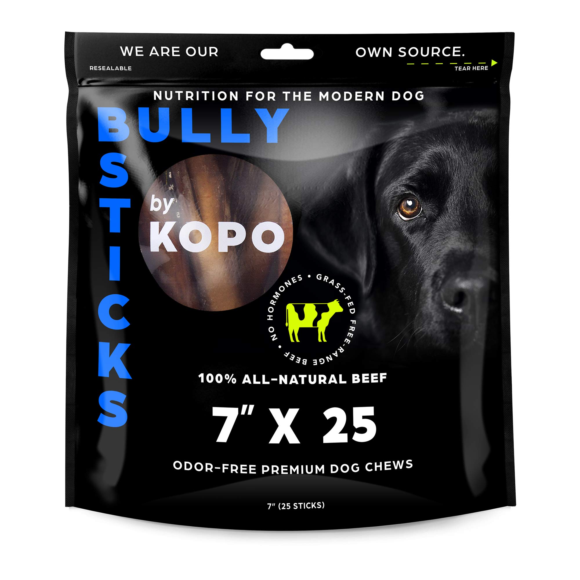 Kopo Bully Sticks 7-inch (25 Pack) - Odor Free Natural Dog Treats - 100% Beef, Fully Digestible, Long Lasting, No Hide Dog Chews