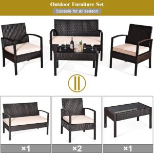 DORTALA 4 Piece Wicker Patio Furniture Set, Outdoor PE Rattan Conversation Set with Loveseat, Chairs & Coffee Table for Backyard Porch Garden Poolside Balcony