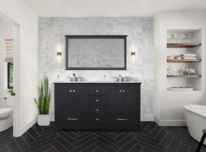 bell+modern tybee 60 in. w x 22 in. d espresso double bath vanity, carrara marble top and 58 in. mirror