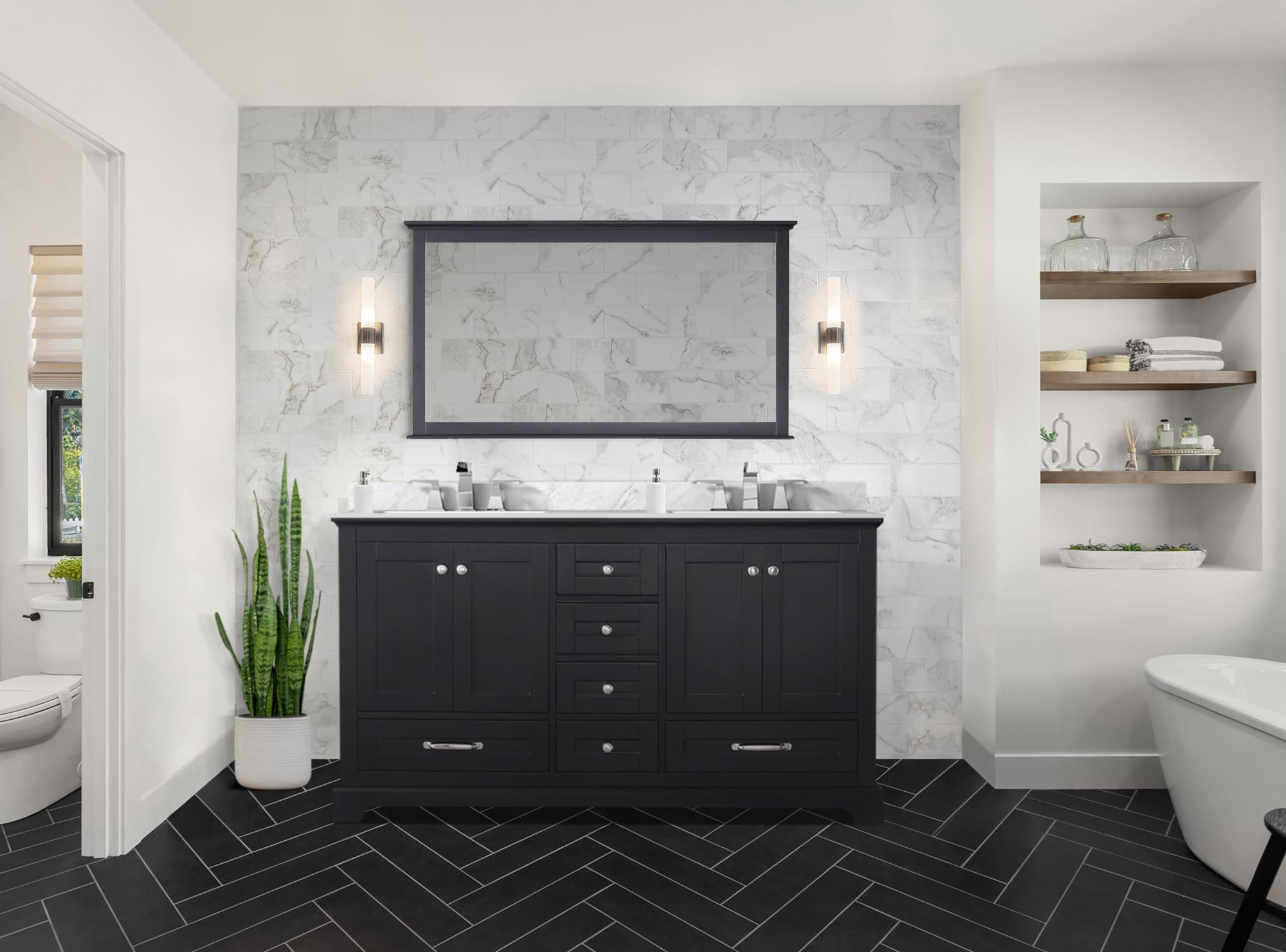 Bell+Modern Tybee 60 in. W x 22 in. D Espresso Double Bath Vanity, Carrara Marble Top and 58 in. Mirror