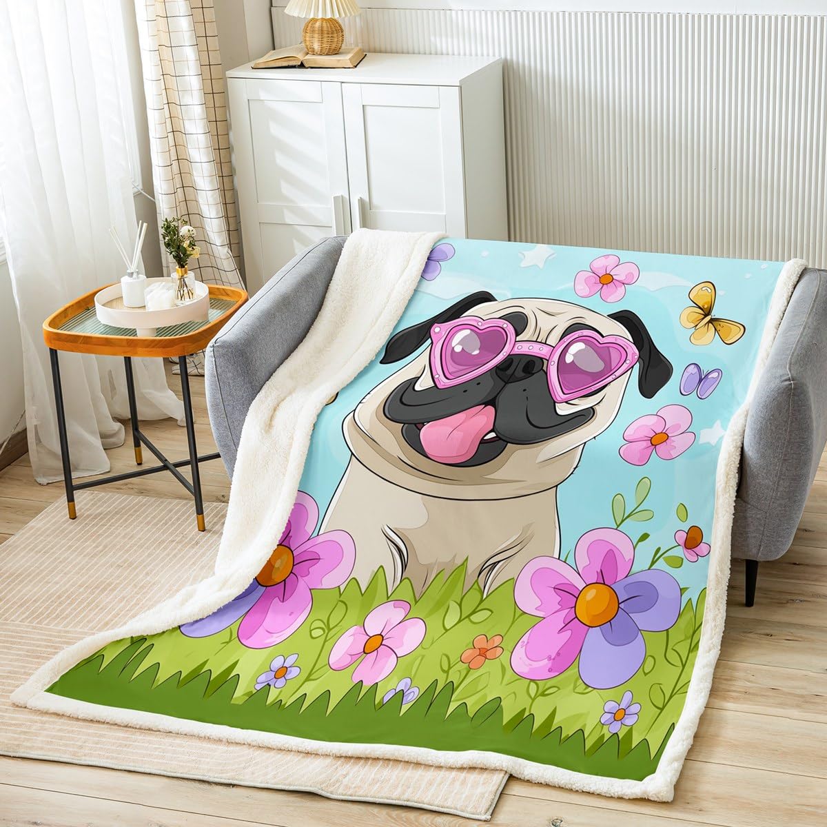 Erosebridal Boy Cartoon Sherpa Blanket Cute Pug Flannel Blanket Kawaii Puppy Plush Blanket Butterfly Pet Fleece Blanket for Kids Girls Purple Floral, Nursery Bed Blankets Throw 50"x60"