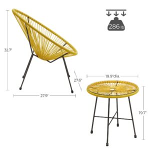 SONGMICS 3-Piece Outdoor Seating Acapulco Chair, Modern Patio Furniture Set, Glass Top Table and 2 Chairs, Indoor and Outdoor Conversation Bistro Set, Yellow UGGF011Y01