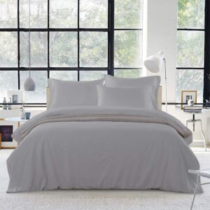 california cotton club 600 thread soft 1 piece duvet and 2 piece pillowcases set - breathable pure cotton silky satin comforter duvet set with button closure for luxury bedding (light grey, queen)