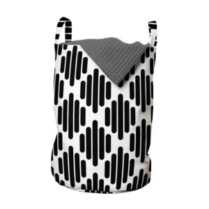 ambesonne black and white laundry bag, modern boho geometric stripes pattern mosaic style abstract art deco, hamper basket with handles drawstring closure for laundromats, 13" x 19", charcoal grey