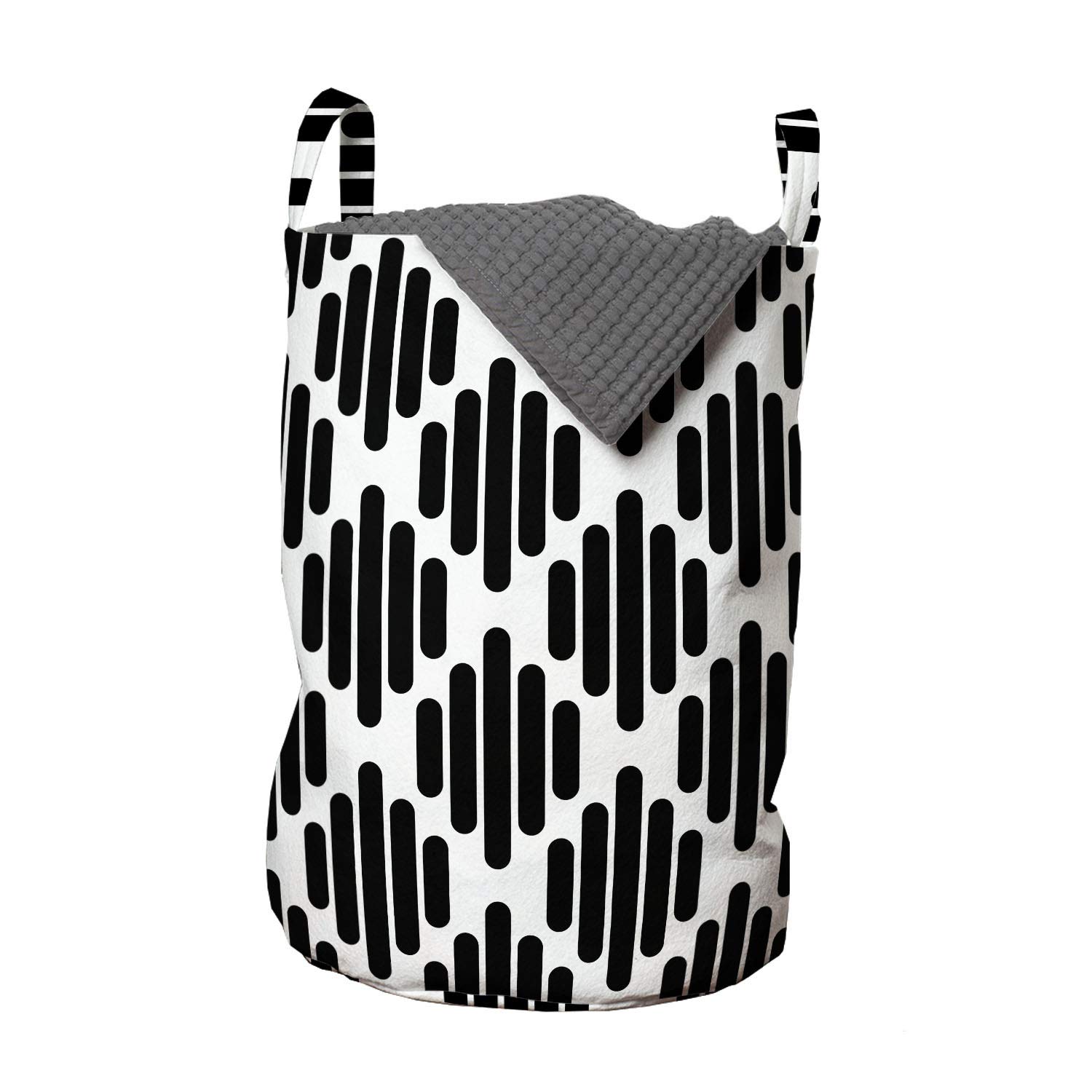 Ambesonne Black and White Laundry Bag, Modern Boho Geometric Stripes Pattern Mosaic Style Abstract Art Deco, Hamper Basket with Handles Drawstring Closure for Laundromats, 13" x 19", Charcoal Grey