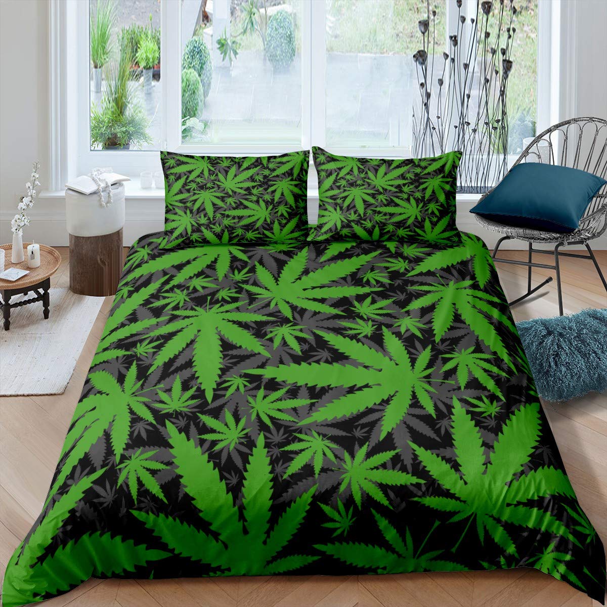 Marijuana Leaf Duvet Cover Teens Cannabis Print Comforter Covers Green Gray Botanical Branches Bedding Set for Boys Girls Youth Adults Queen with 2 Pillow Shams Marijuana Weed Leaves Bedspread Cover