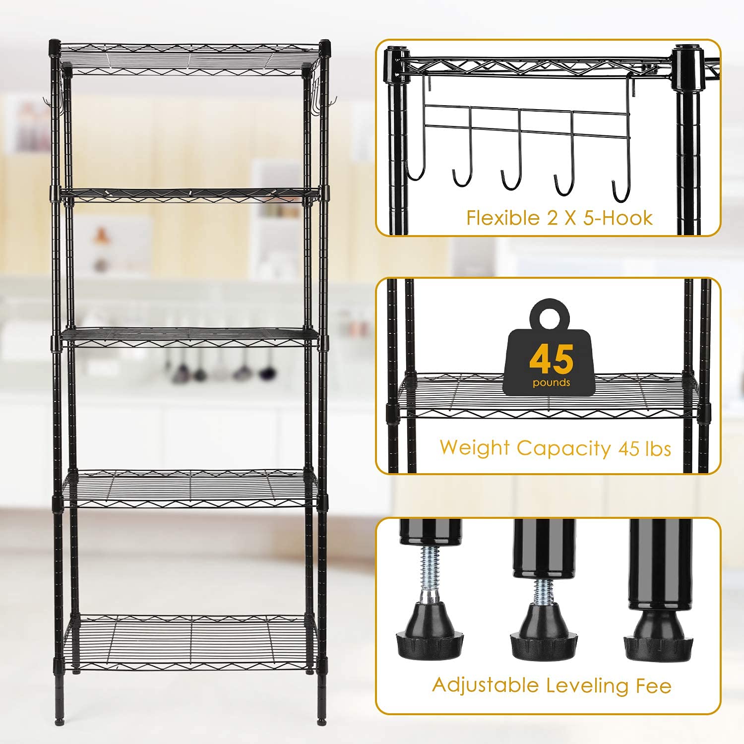 LEHOM 5-Tier Metal Storage Shelves 23.63" L×13.78" W×59.1" H Wire Shelving Unit Storage with Adjustable Leveling Feet for Laundry Bathroom Kitchen,Steel Organizer Wire Rack 220 LBS Capacity