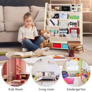 HONEY JOY Kids Book Rack with 2 Storage Bins, Wooden Toddler Bookshelf with 4 Sling Shelves, Book Display Stand Toy Storage Organizer for Kids Bedroom & Playroom (Beige)