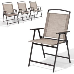 Crestlive Products Set of 4 Patio Folding Chairs 4-Pack Dining Chairs Outdoor Portable Sling with Armrest for Camping, Beach, Garden, Pool, Backyard, Deck (Beige)