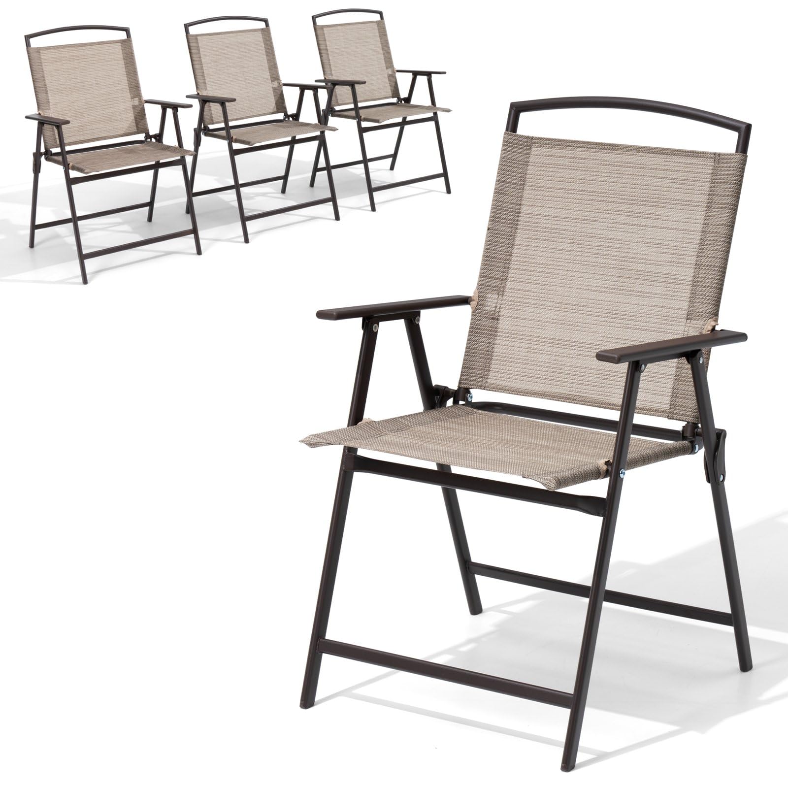 Crestlive Products Set of 4 Patio Folding Chairs 4-Pack Dining Chairs Outdoor Portable Sling with Armrest for Camping, Beach, Garden, Pool, Backyard, Deck (Beige)