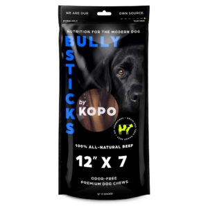 kopo bully sticks 12-inch (7 pack) - odor free natural dog treats - 100% beef, fully digestible, long lasting, no hide dog chews