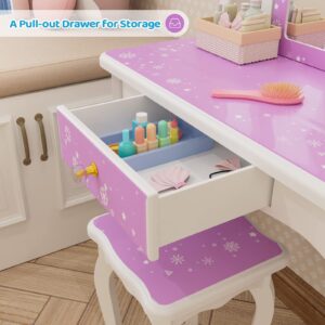 JOYMOR Kids Vanity Set, Wooden Princess Makeup Table with Stool, Tri-Folding Mirror, Large Drawer, Solid Wooden Legs Pretend Beauty Make Up Dressing Play Set for Girls Best Gift (Purple)