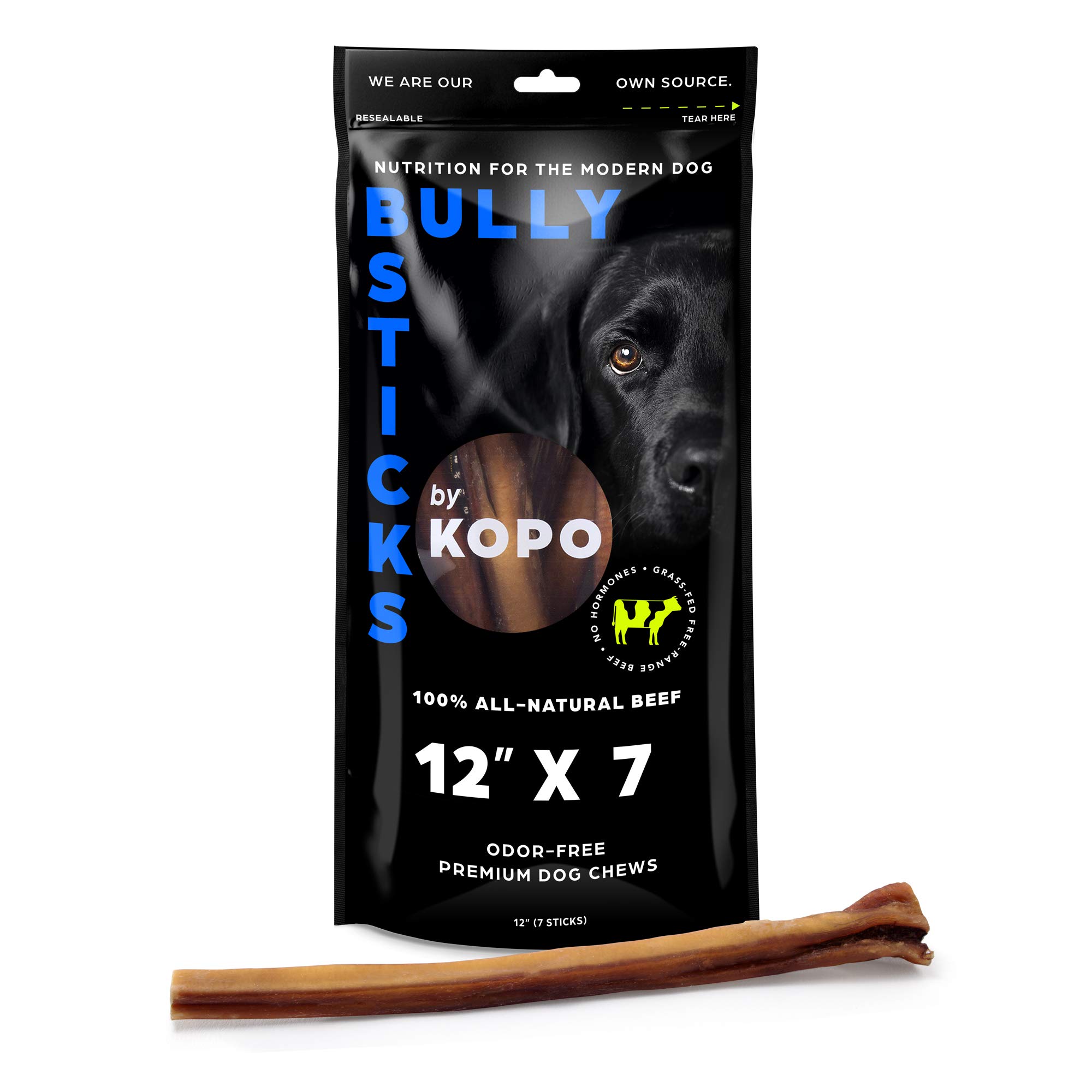 Kopo Bully Sticks 12-inch (7 Pack) - Odor Free Natural Dog Treats - 100% Beef, Fully Digestible, Long Lasting, No Hide Dog Chews