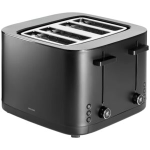 zwilling enfinigy 4 slice toaster with extra wide 1.5" slots for bagels, 7 toast settings, even toasting, reheat, cancel, defrost, black