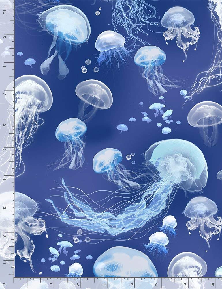 Timeless Treasures Swimming Jellyfish Blue Premium Quality 100% Cotton Fabric by The Yard.