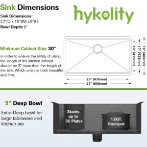 Hykolity 27-inch Undermount Workstation Kitchen Sink, 16 Gauge Single Bowl Stainless Steel Kitchen Sink Undermount with Integrated Ledge and Accessories, 27" x 19" x 9"