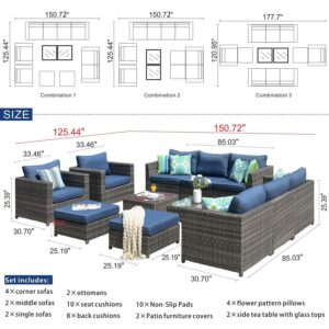 ovios Patio Furniture Set, 12 PCS Big Size Outdoor Furniture Set All Weather Rattan Wicker Sofa Sectional Set with Glass Table, Garden, Backyard, No Assembly Required (Grey-Denim Blue)