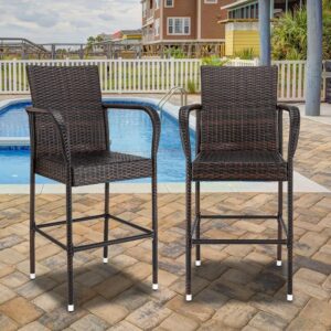 VINGLI Wicker Bar Stools Outdoor Set of 2, Outdoor Bar Height Chairs, Patio Furniture Bar Stools Wicker for Garden Pool Lawn Backyard