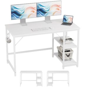 joiscope home office computer desk with wooden storage shelf,office white desk and gaming table with splice board,2-tier industrial morden laptop study writing desk,48 x 24 inches(white finish)