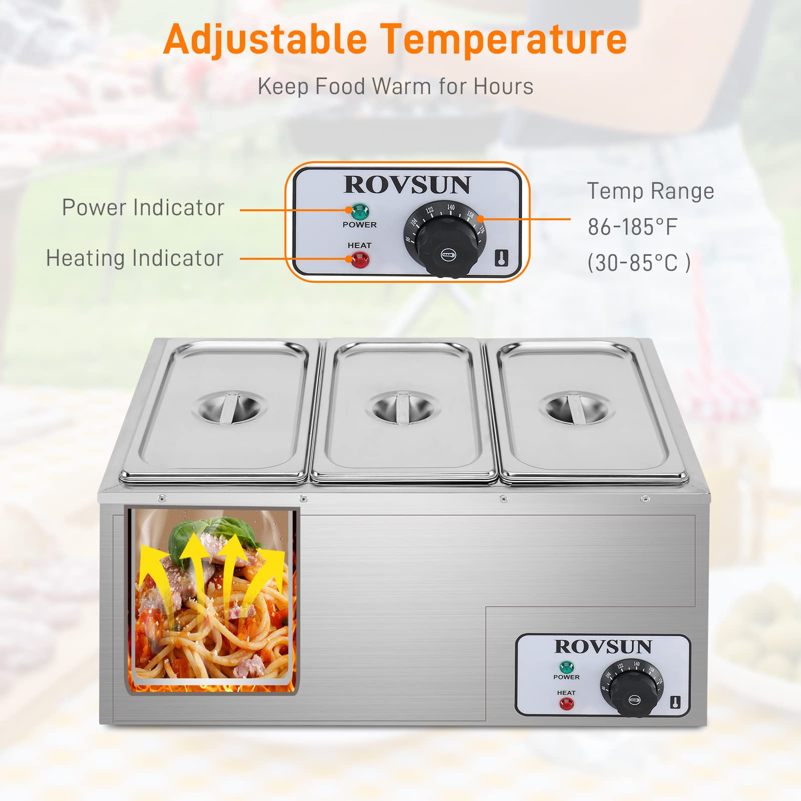 ROVSUN 21QT Electric Commercial Food Warmer, 3-Pan Steam Table 6.9 QT/Pan Stainless Steel Bain Marie Buffet Countertop with Temperature Control & Lid for Parties, Catering, Restaurants 110V