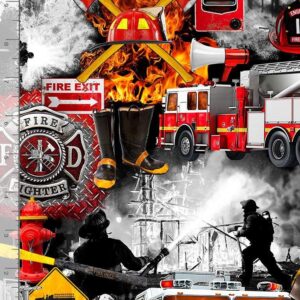 Timeless Treasures Firefighter Patchwork Fire & Rescue Black Premium Quality 100% Cotton Fabric by The Yard.