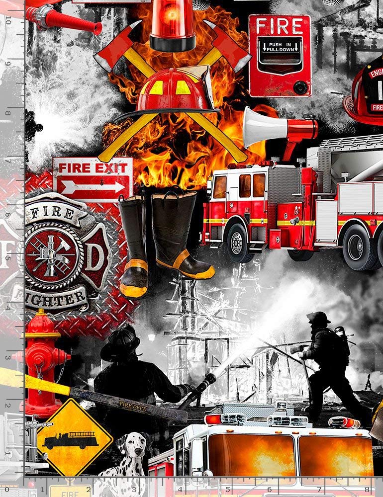 Timeless Treasures Firefighter Patchwork Fire & Rescue Black Premium Quality 100% Cotton Fabric by The Yard.