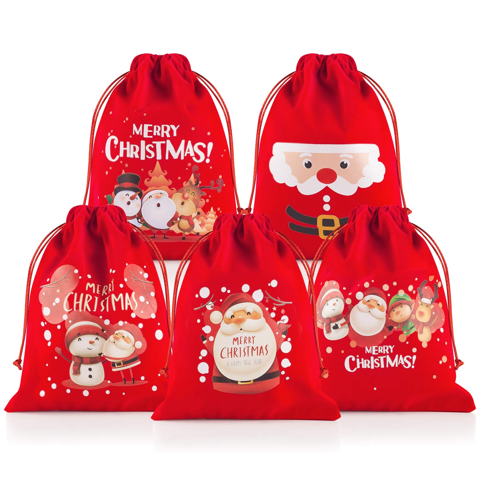 AllWenTo Christmas Gift Bags 5pcs of Flannel Small Bag with Drawstring Medium Size Good for Xmas Party Favors