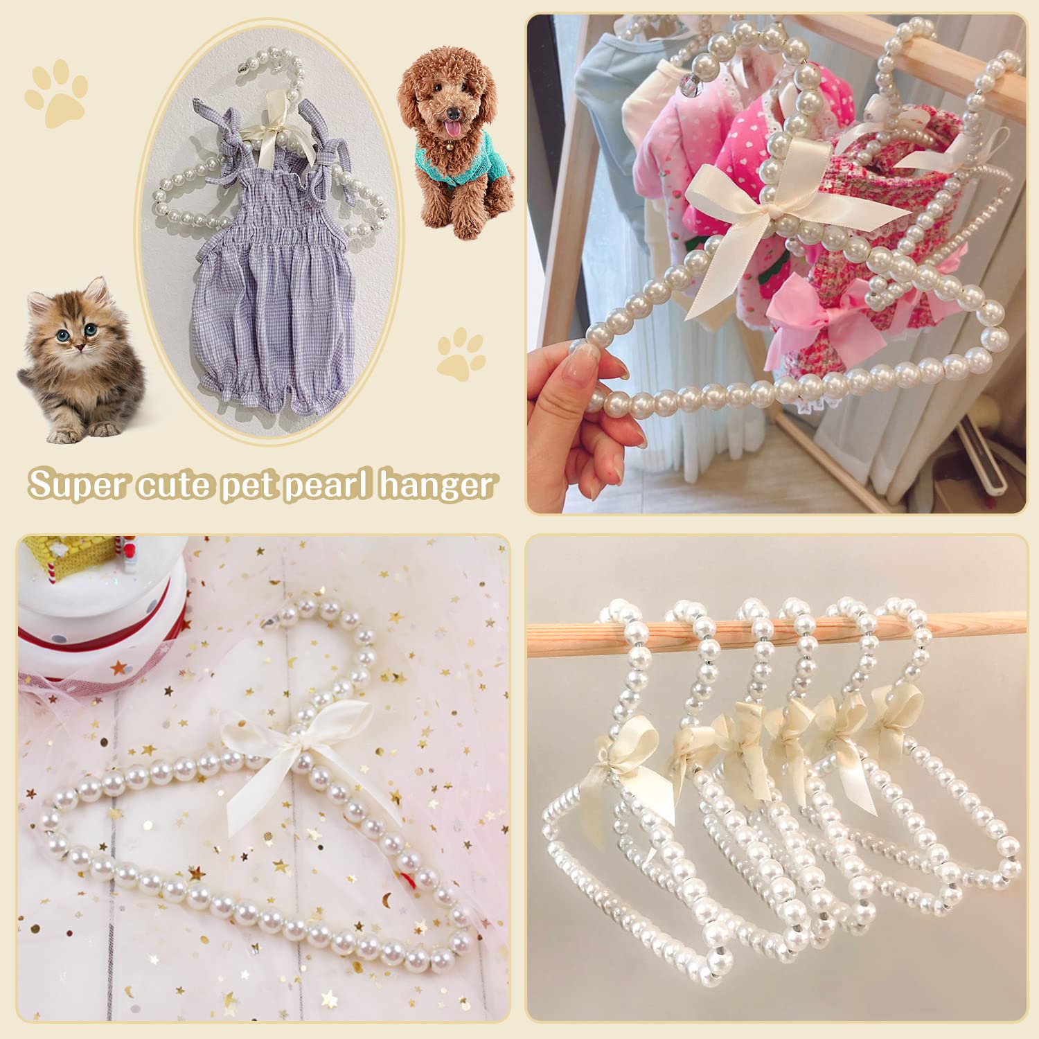 awagas 6Pack Baby Pet Dog Clothes Hangers, Mini Cute Pearl Hangers, Pearl Baby Hangers Faux Pearl Beaded Elegant Garment Clothes Hangers with Ribbon Bowknot for Pet Dog Cat Small Baby Kids Bebes Dolls