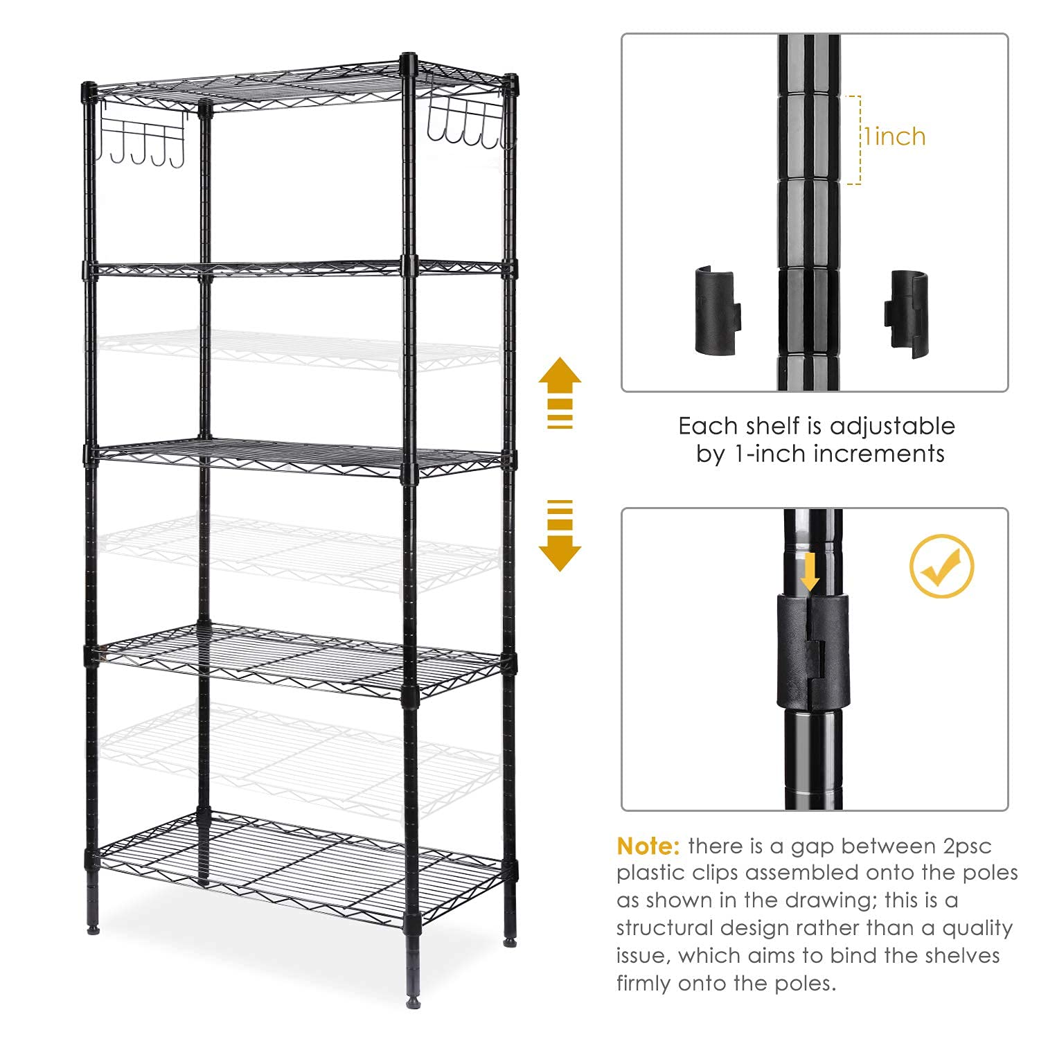 LEHOM 5-Tier Metal Storage Shelves 23.63" L×13.78" W×59.1" H Wire Shelving Unit Storage with Adjustable Leveling Feet for Laundry Bathroom Kitchen,Steel Organizer Wire Rack 220 LBS Capacity