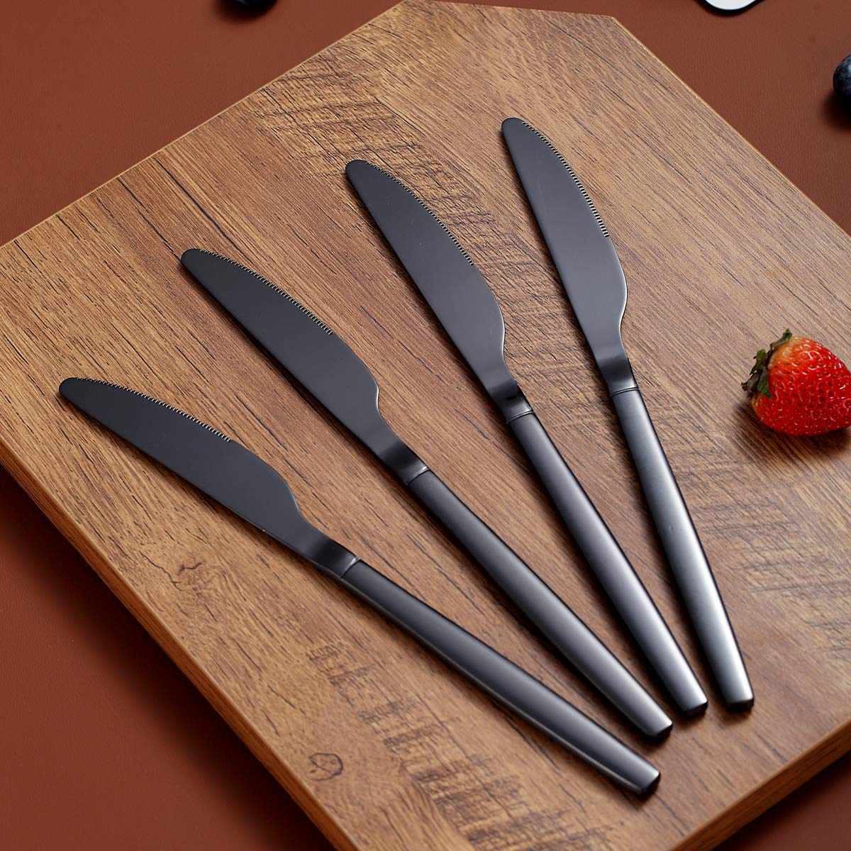 Berglander Black Dinner Knives Set Of 4, Titanium Shiny Black Plating Stainless Steel Dinner Knife, Butter Knife Table Knives Dishwasher Safe