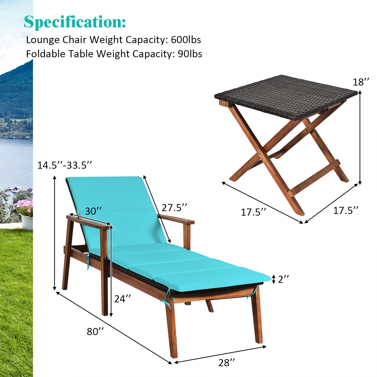 Tangkula Patio Chaise Lounge Sets, Outdoor Acacia Wood Chaise Lounger Chair w/ 4 Adjustable Back Position, Folding Table, 3 Piece Rattan Reclining Chair Set w/Cushion for Lawn Backyard (Turquoise)