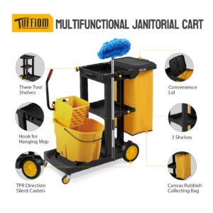 TUFFIOM Commercial Traditional Cleaning 3-Shelf Janitorial Cart, 500 Lbs Capacity Housekeeping Cart, Wheeled with Yellow VinylBag and Cover w Lid, Black