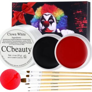 ccbeauty clown makeup kit professional white black red face paint foundation cream, 6 brushes,red nose for halloween special effects sfx joker skeleton vampire zombie cosplay dress up makeup