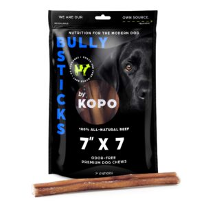 Kopo Bully Sticks 7-inch (7 Pack) - Odor Free Natural Dog Treats - 100% Beef, Fully Digestible, Long Lasting, No Hide Dog Chews