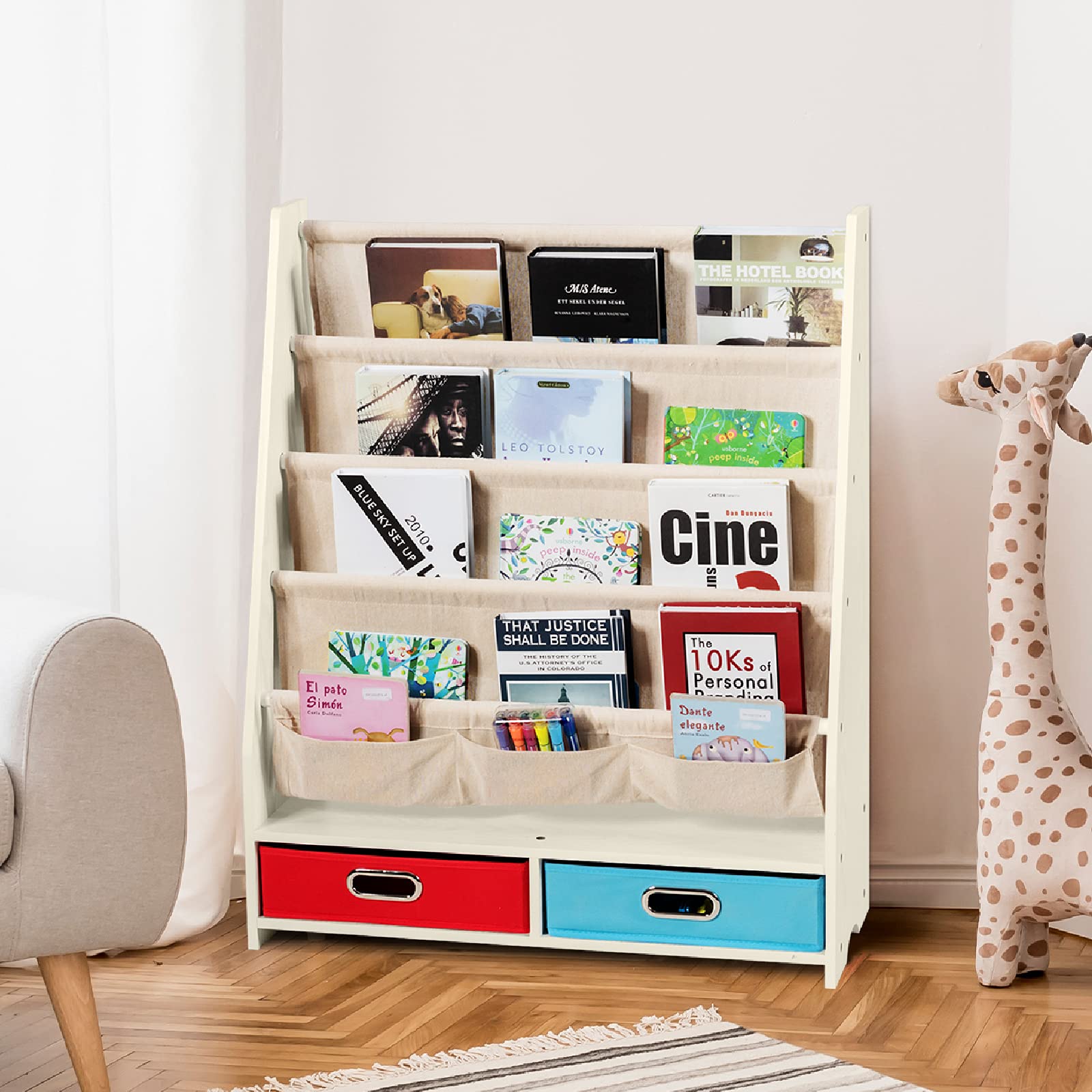 HONEY JOY Kids Book Rack with 2 Storage Bins, Wooden Toddler Bookshelf with 4 Sling Shelves, Book Display Stand Toy Storage Organizer for Kids Bedroom & Playroom (Beige)