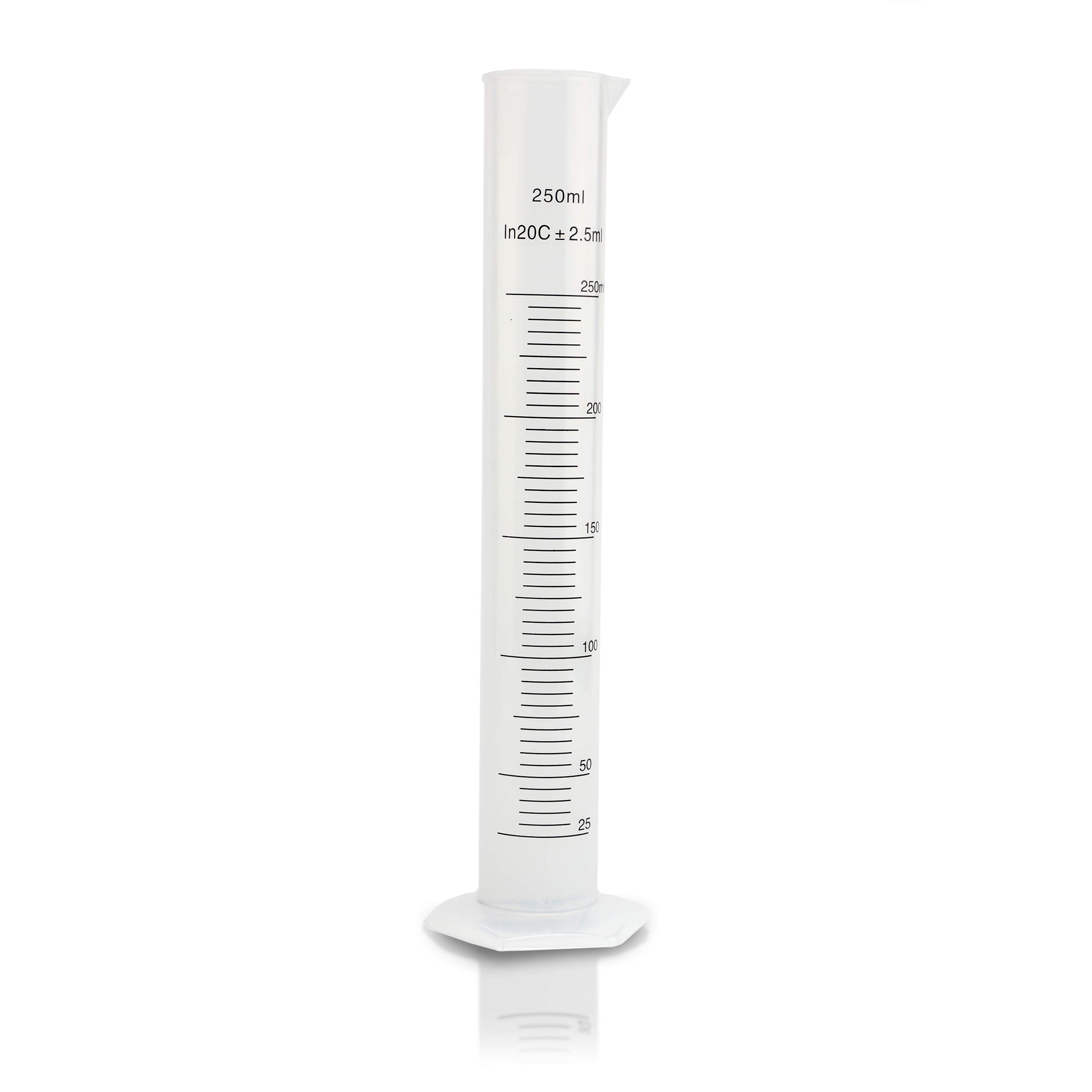 Brewing America Plastic Graduated Cylinder Beaker - 250ml Science Measuring Cylinder Test Tube Flask 250 mL, 2-Sided Marking - Black and Raised Graduation Lines, Pour Spout