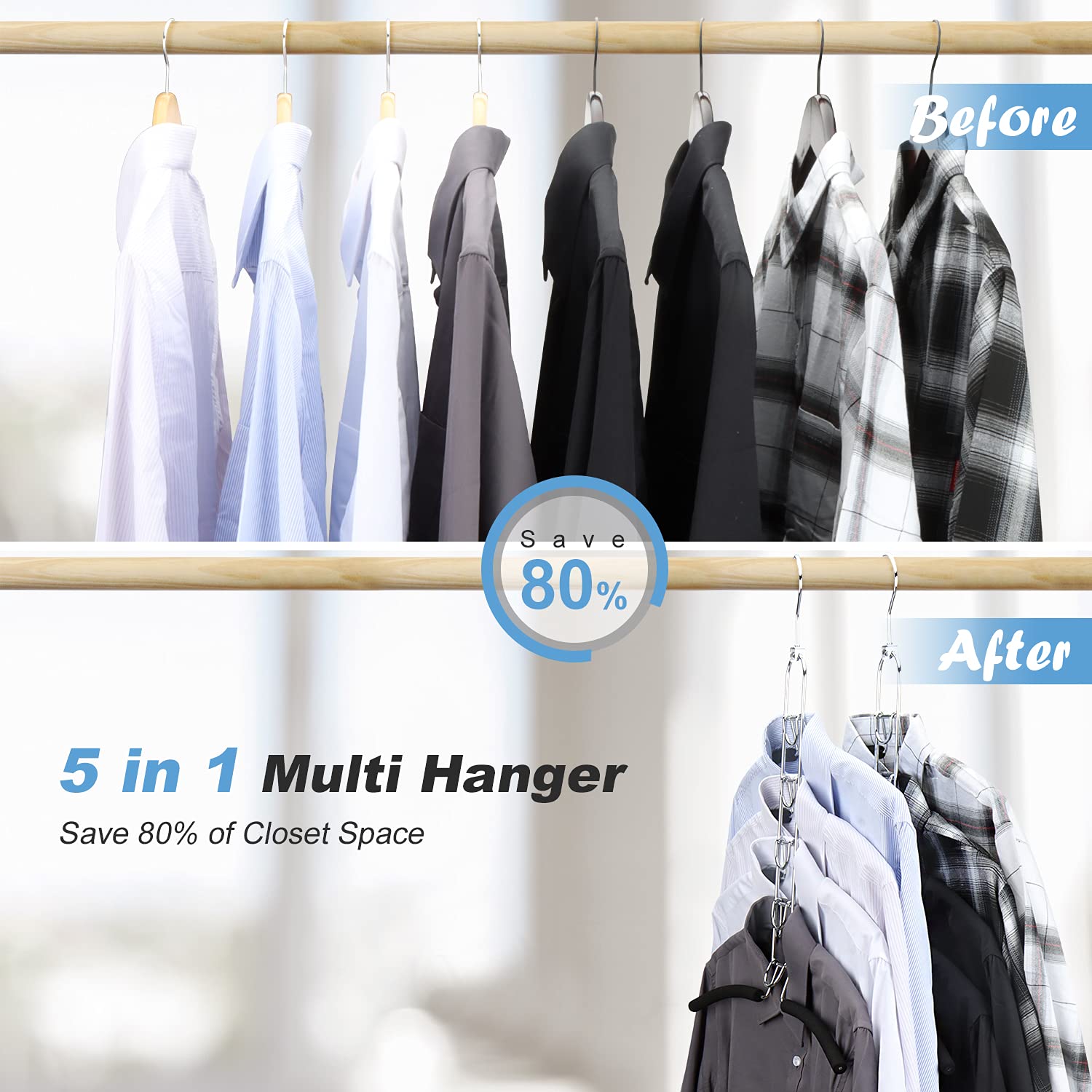 Mastom Space Saving Clothes Hangers, Multilayer Metal Hanger 2 Pack 5 in 1 Space Saver Coat Hangers, Anti-Slip Foam Padded Shirt Suit Hanger for Closet Storage Organizer