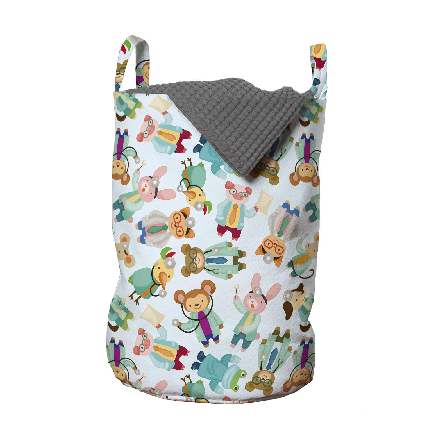 Ambesonne Cartoon Laundry Bag, Whimsical Humanized Animals with Glasses as Doctors Wearing Print, Hamper Basket with Handles Drawstring Closure for Laundromats, 13" x 19", Pale Blue Multicolor