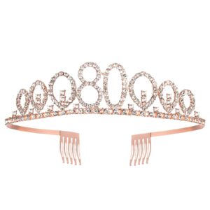 80th Birthday Sash and Tiara for Women, Rose Gold Birthday Sash Crown 80 & Fabulous Sash and Tiara for Women, 80th Birthday Gifts for Happy 80th Birthday Party Favor Supplies