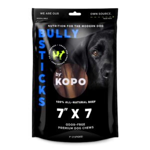 kopo bully sticks 7-inch (7 pack) - odor free natural dog treats - 100% beef, fully digestible, long lasting, no hide dog chews